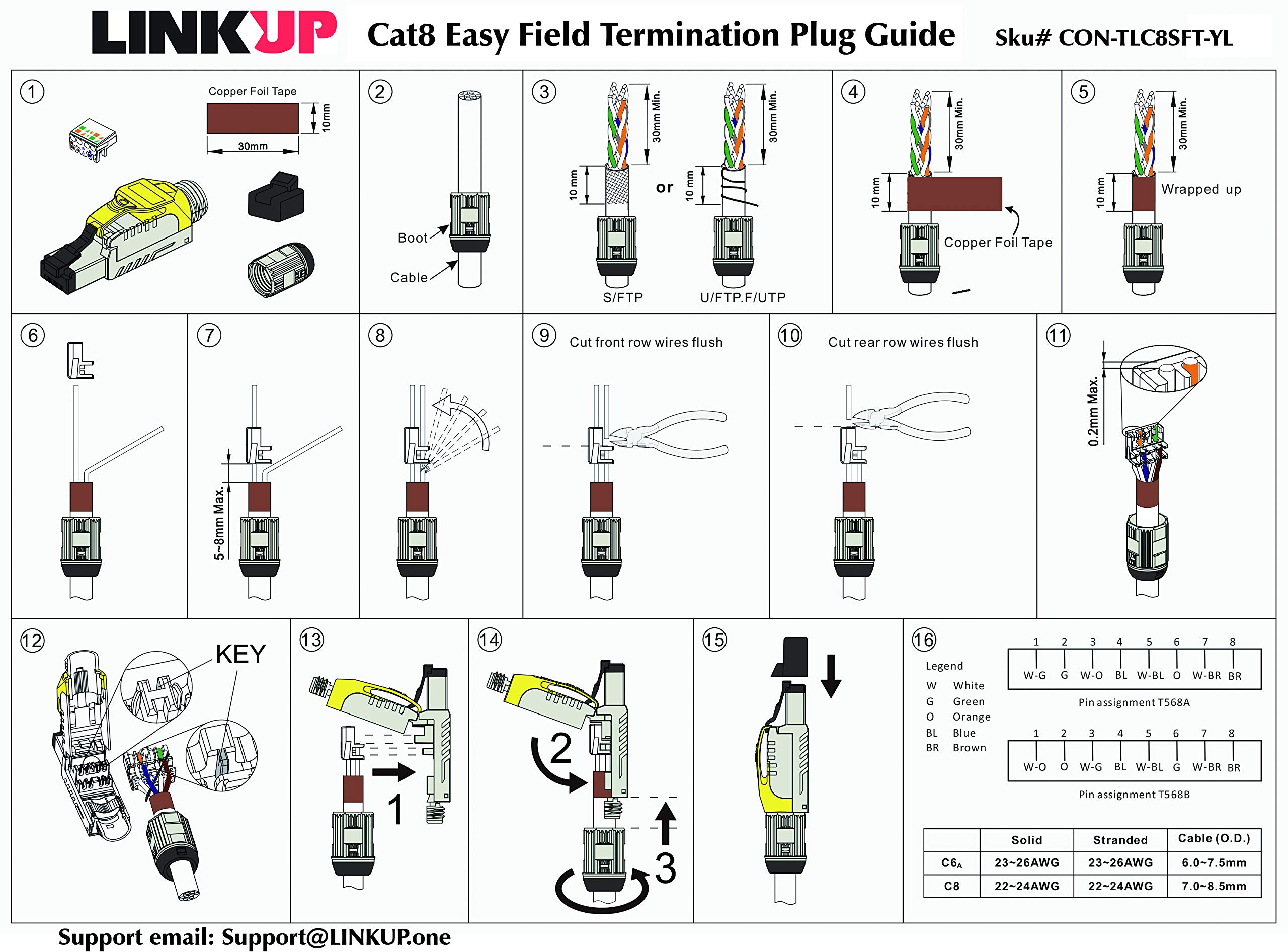 LINKUP - [GHMT & DSX8000 Certified] Cat8 Ethernet Cable Connector (12-Pack) RJ45 Metal Tool Free Easy Termination Plug | for 2000MHz 2GHz 40G Double Shielded Solid LAN Cable 22AWG-24AWG