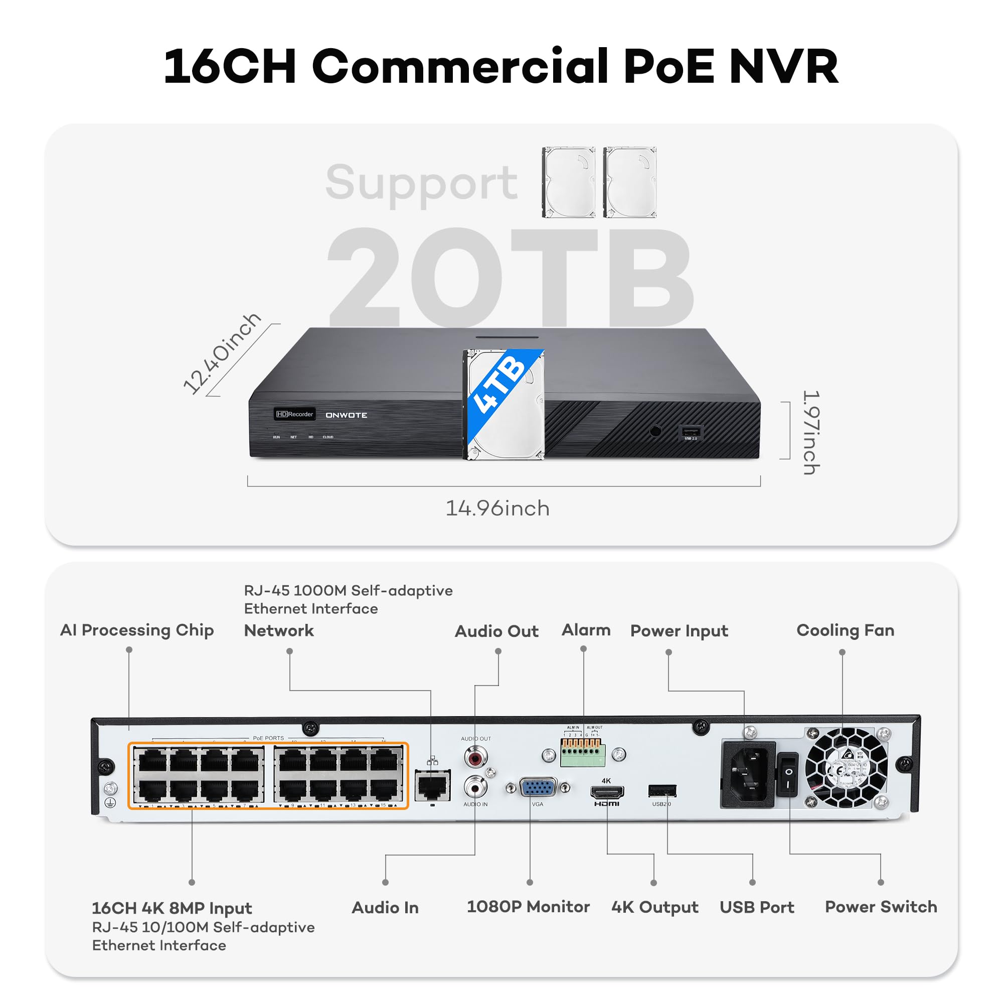 ONWOTE 16 Channel 4K PoE Security Camera System, 16x 8MP 128° Outdoor IP Cameras with Audio, AI Detect Human Vehicle, 100ft 60ft Ethernet Cables, 16CH Commercial NVR 4TB, Wired CCTV for Businesses