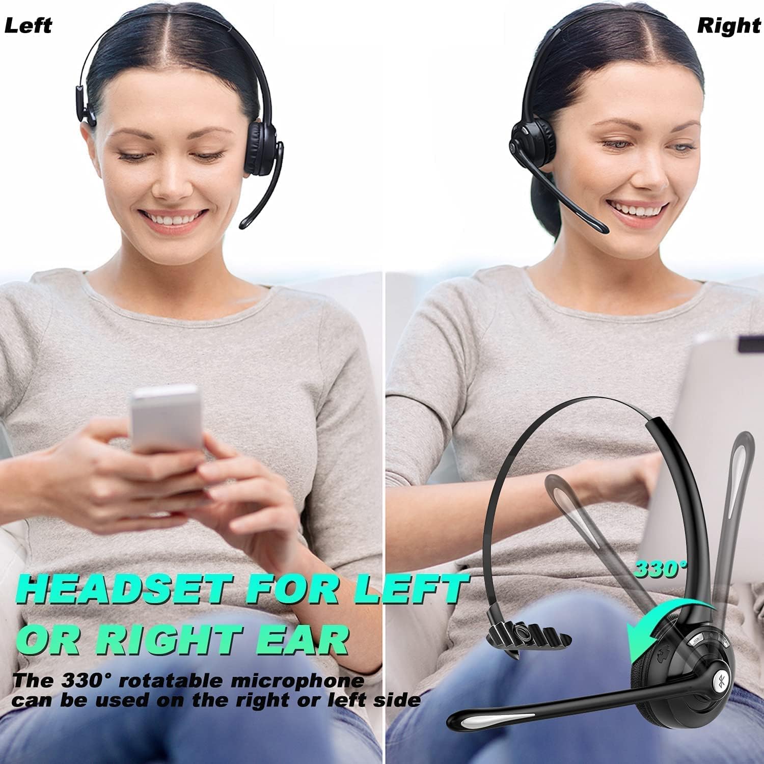 RAOPINGX Trucker Bluetooth Headset with Microphone, Wireless Headphone with Microphone, Wireless Cell Phone Headset On Ear Design for Home Office Call Center Skype