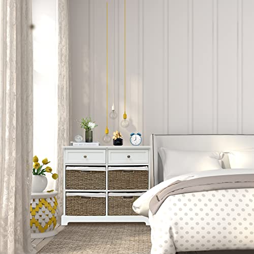 Babion Storage Cabinet with Baskets, Storage Organizer with 2 Drawers and 4 Wicker Baskets, Wicker Dresser with Wooden Tabletop, White Wicker Basket Storage Chest for Closet, Bedroom, Dorm