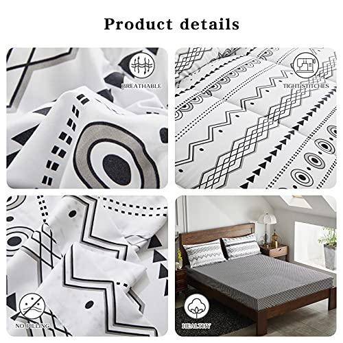 Flysheep Boho Bed in a Bag 7 Pieces Queen Size, Black and White Bohemian Geometric Reversible Bed Comforter Set for All Season(1 Comforter, 1 Flat Sheet, 1 Fitted Sheet, 2 Pillow Shams, 2 Pillowcases)