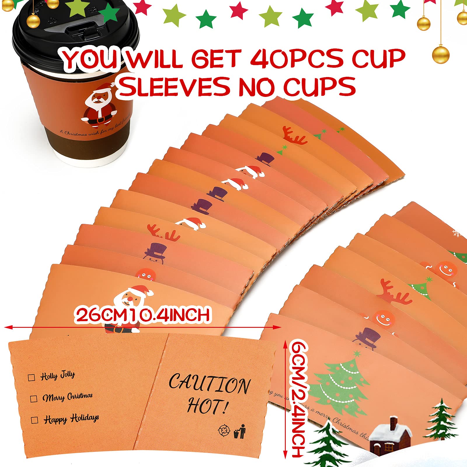 40 Pieces Christmas Coffee Cup Tea Cup Sleeves Christmas Kraft Disposable Cup Sleeves 5 Designs for Corrugated Cup Paper Jacket for Hot Chocolate Cocoa Cold Beverage