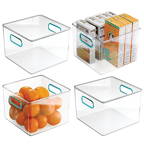 mDesign Plastic Food Storage Container Bin with Handles for Kitchen, Pantry, Cabinet, Fridge/Freezer - Cube Organizer for Snacks, Produce, Vegetables, Pasta - BPA Free, Food Safe - 4 Pack, Clear/Blue
