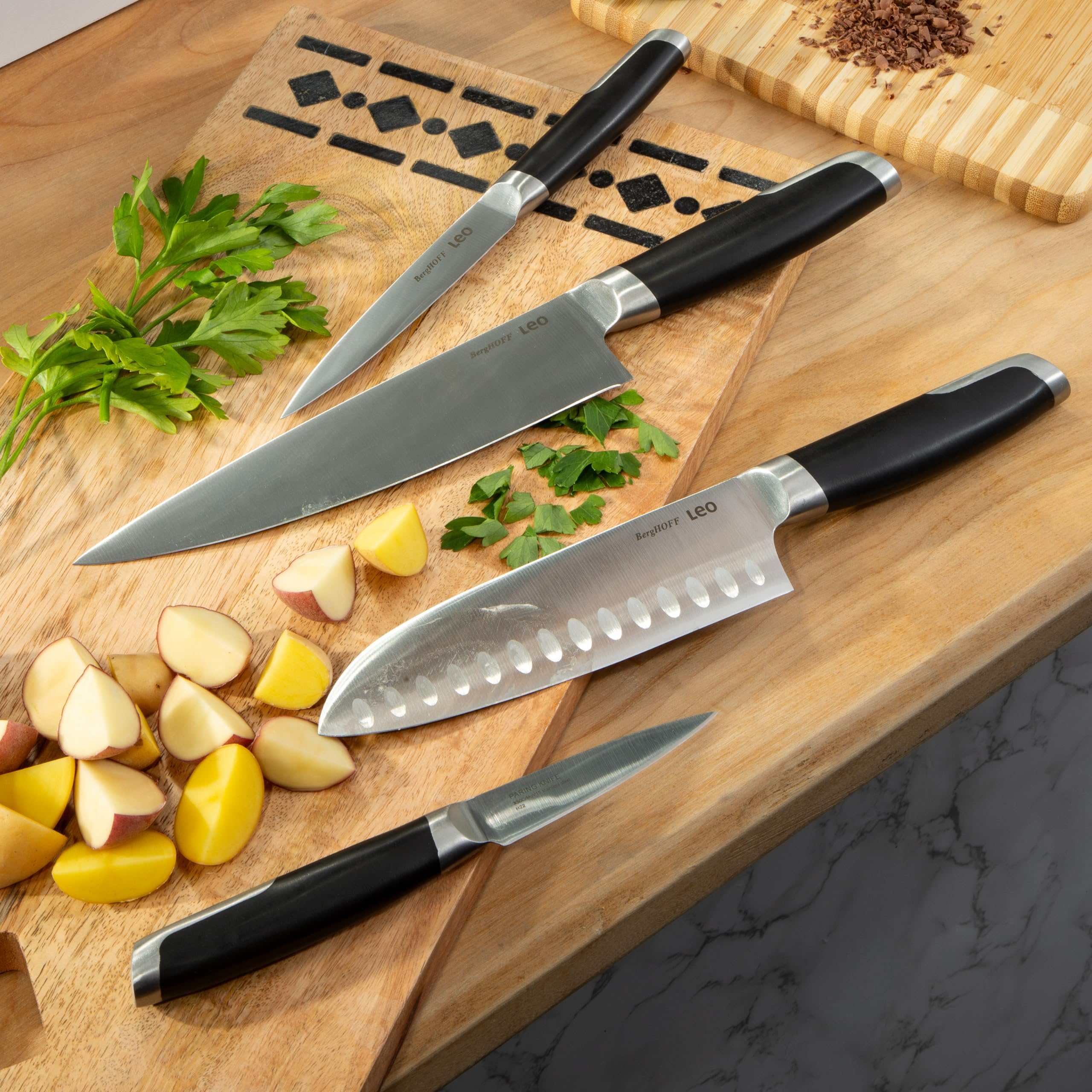 Berghoff Graphite Santoku Knife 7", Stainless Steel Sharp Wide Blade, Soft-touch Handle, Cutting Slicing Chopping Fruit Vegetable Fish Meat, Well Balanced