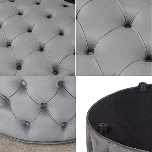 Homebeez Round Velvet Storage Ottoman, Button Tufted Footrest Stool Coffee Table for Living Room (Grey)