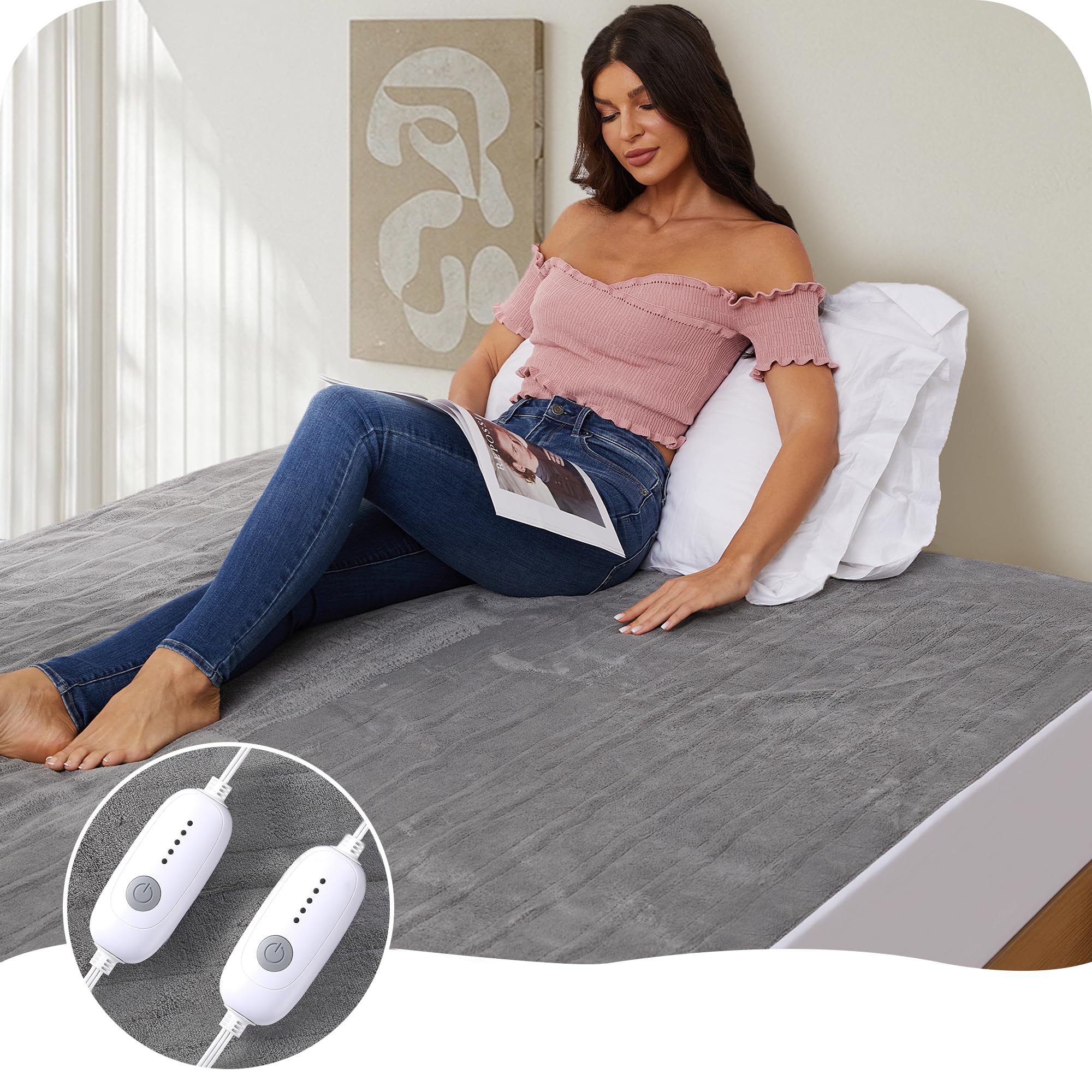 Heated Mattress Pad Queen Size 60"x80", 5 Heating Levels Dual Control with 10 Hours Auto-Off, Warming Bed, Fast Heating Electric Mattress Pad, Grey
