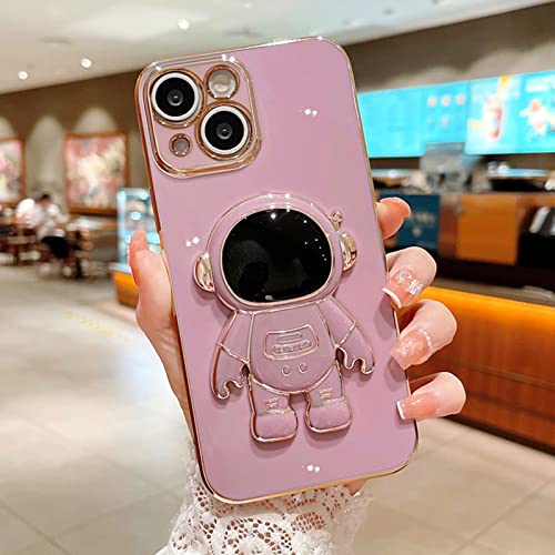 AIGOMARA 6D Plating Astronaut Hidden Stand Case Cover for iPhone 13 Women Astronaut Folding Bracket Kickstand iPhone Case with Camera Protector Soft TPU Shockproof Bumper 6.1 in 2021 - Purple