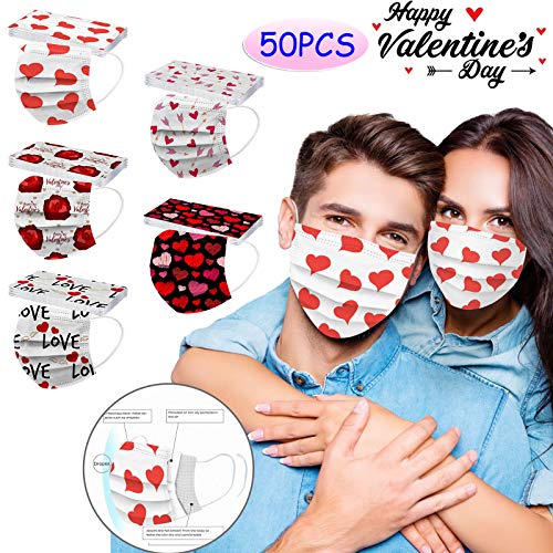 50PC Valentine's Day Face Masks Disposable for Adult Women, Holiday Disposable Face Masks with Designs Love Heart Facemasks (#01)