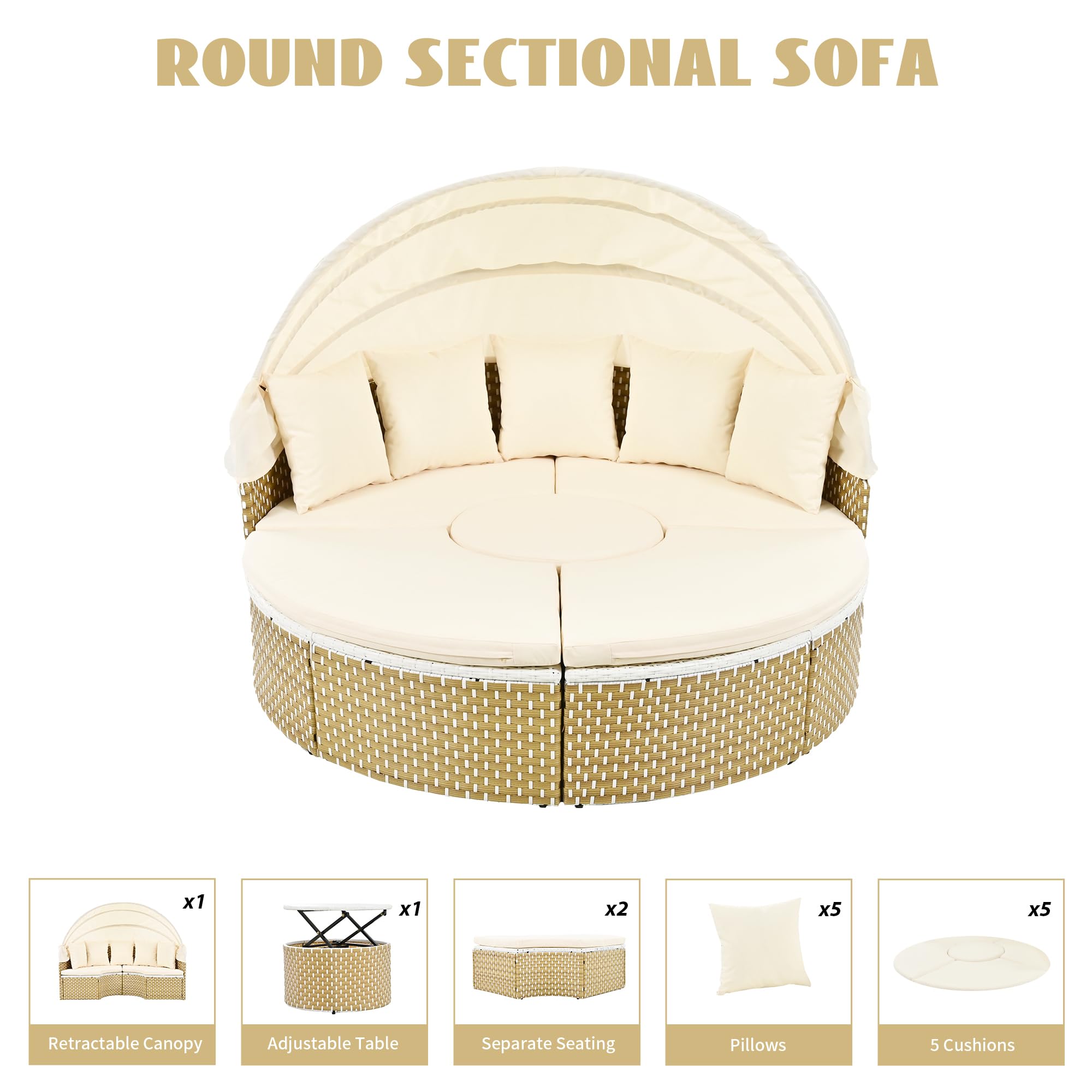 Merax All-Weather Patio Round Outdoor Sectional Sofa Set with Retractable Canopy,Rattan Daybed Two-Tone Weave Sunbed with Separate Seating and Removable Cushion,Gray