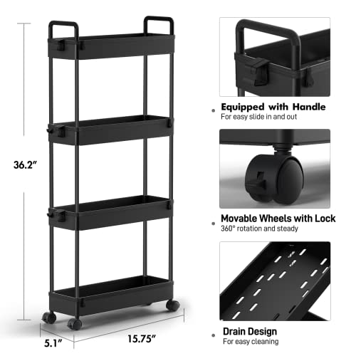 SOLEJAZZ Slim Storage Cart, 4 Tier Bathroom Organizer Mobile Shelving Unit, Rolling Utility Cart Slide Out Organizer for Kitchen, Bathroom, Laundry, Narrow Places, Black