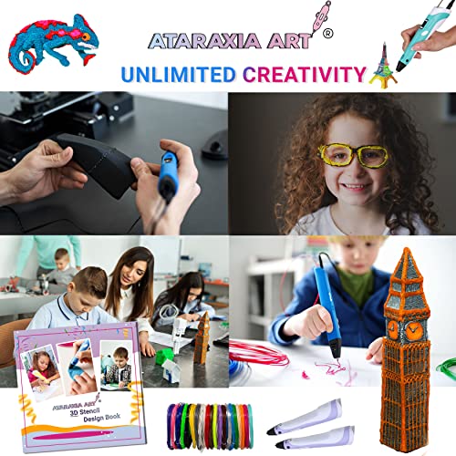 ATARAXIA ART 3D Pen PLA Filament Refill, 24 Colors, Each Color 10m/33 ft, Total 782 feet, 3DPen Filament with Stencils Book, Reusable Colorful 40 Pattern Printing Paper, Clear Pad & 2 Finger Caps