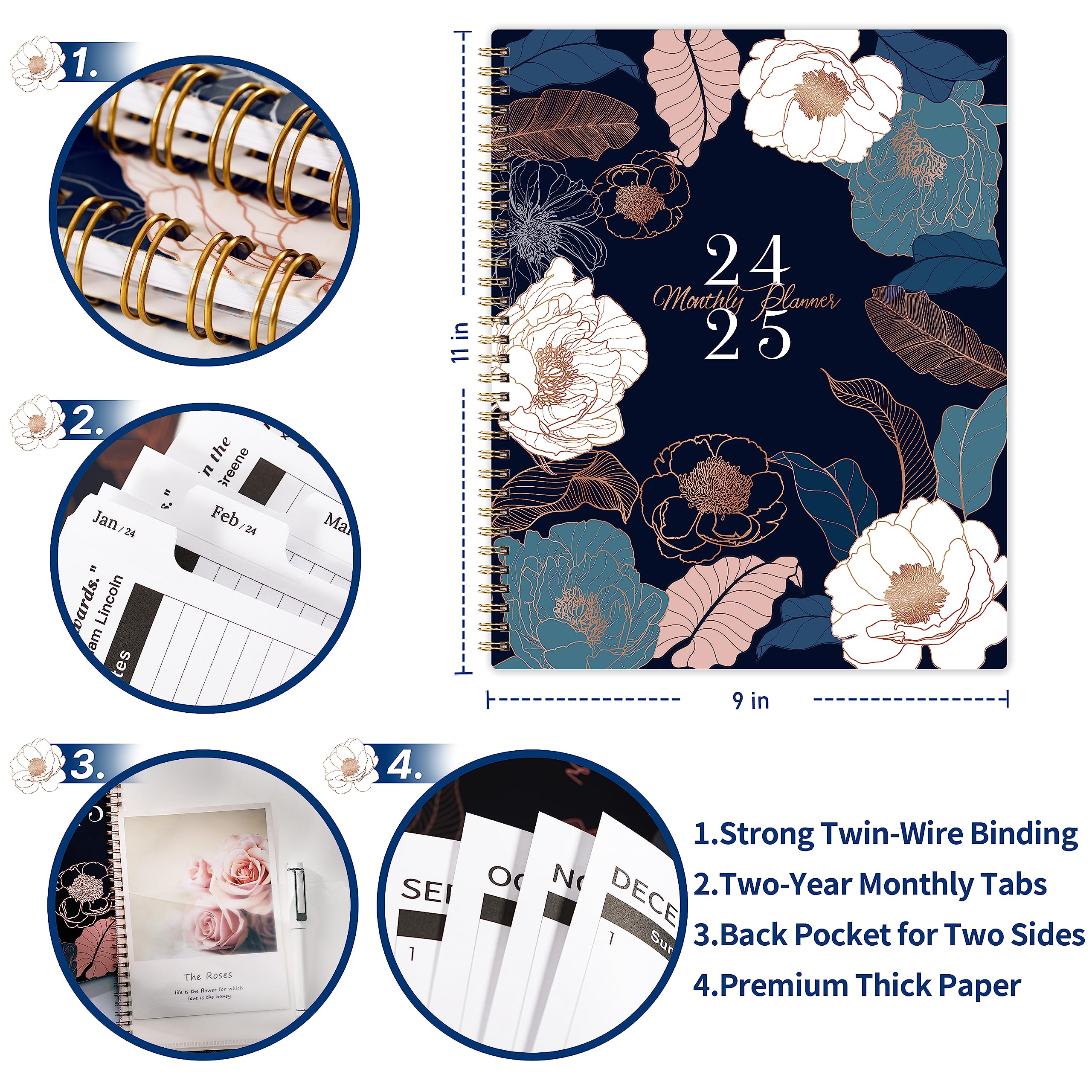 2024-2025 Monthly Planner/Calendar - Jan. 2024 - Dec. 2025, Monthly Planner 2024-2025, 9" × 11", Two-Year Monthly Planner with Flexible Cover, Twin-Wire Binding, Monthly Tabs, Pockets, Thick Paper -
