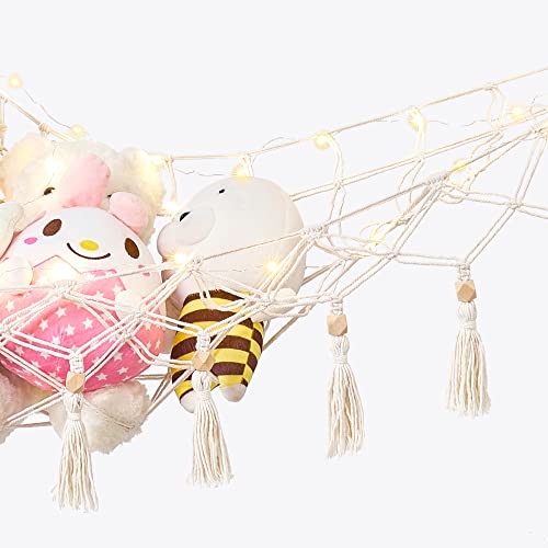 Dahey Stuffed Animal Storage Net Hammock with String Light Wall Corner Hanging Toys Storage Organizer Plush Net Toy Holder Hammock Macrame Tassels Boho Decor for Nursery Kid Playroom Bedroom