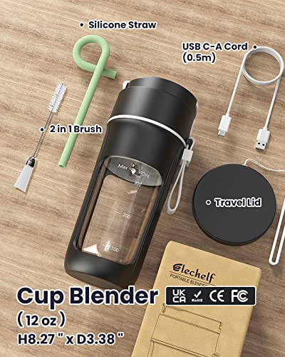 Elechelf Portable Blender for Shakes and Smoothies,Travel Blender USB Rechargeable,Cordless On the Go Blender,Personal Blender,Mini Blender,Small Blender ,Fast Fresh Juice Blender, Matte Black 12 oz 10 Blades