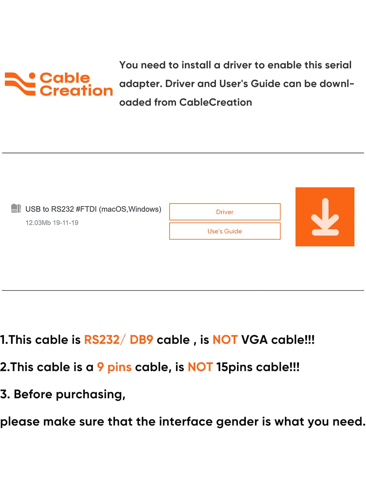 CableCreation USB to RS232 Cable (FTDI Chipset), 3 Feet RS-232 Male DB9 Serial Converter Cable for Windows 11, 10, 8.1, 8,7, Vista, XP, 2000, Linux, Mac OS X,1M / Black
