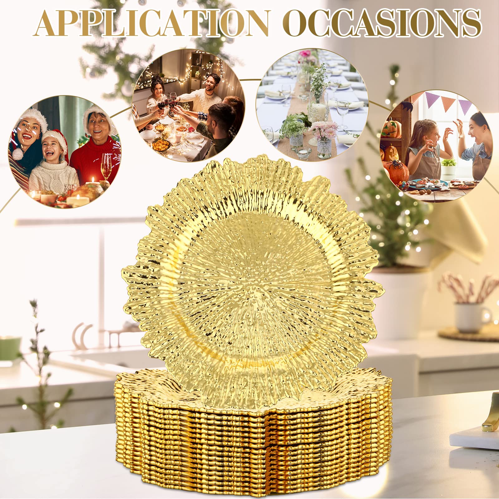 32 Pack Charger Plates Set Reef Plate Chargers for Dinner Table Serving Tray Floral Plastic Decorative Plates for Table Setting Wedding Party, 13 Inch (Gold)