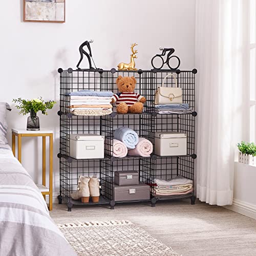 ANWBROAD Wire Cube Storage Organizer, 9 Cube Metal Grid, Wire Shelves Organizer, C grids Panels, Closet Organizer Shelves, Ideal for Bedroom Living Room Office 11.8β x 11.8β Black ULWT009B