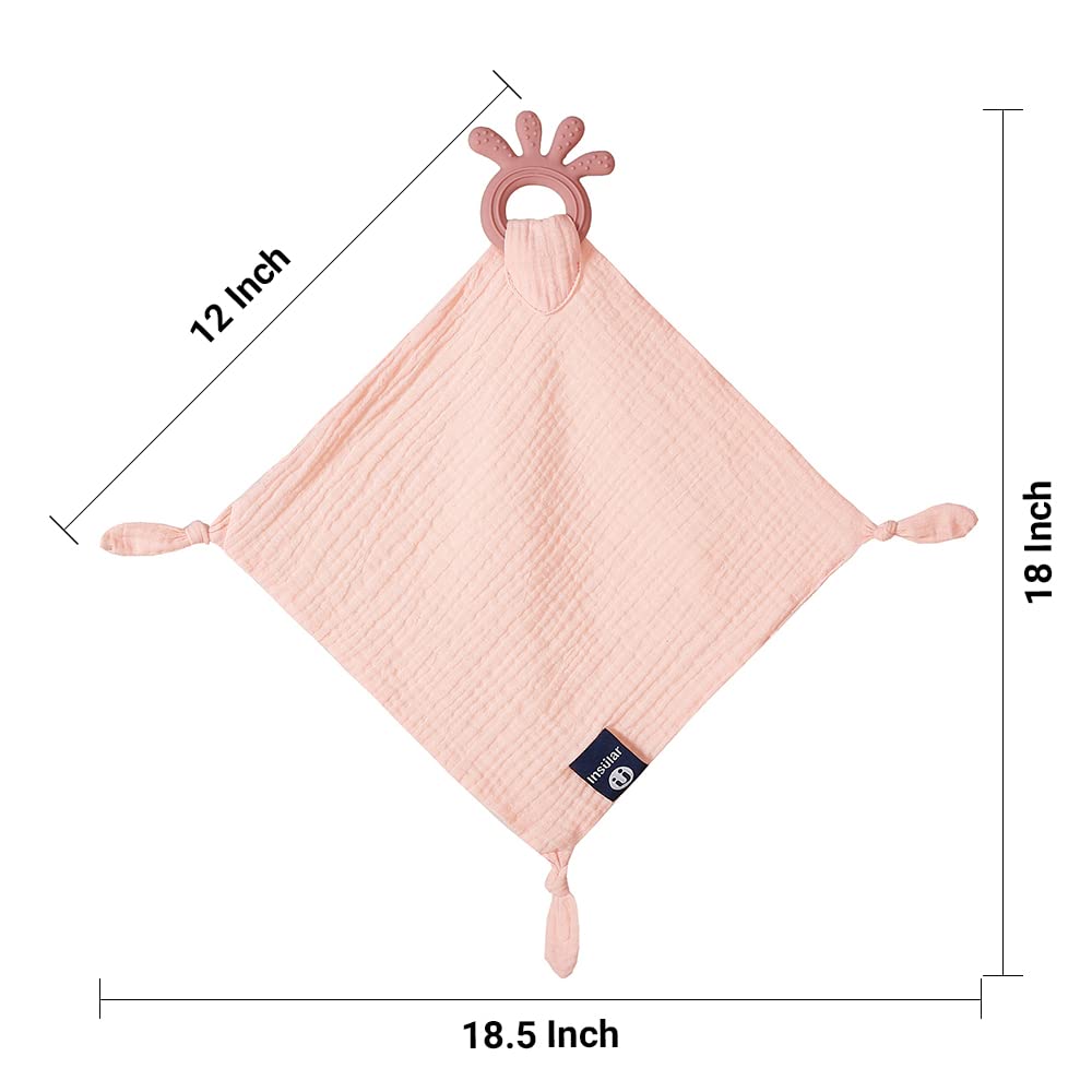 Baby Muslin Security Blanket with Food Grade Silionce Teether,Soothe Teething Toy for Boys and Girls,100% Polyester (Pink)