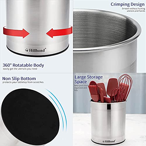 Hillbond Stainless Steel Utensil Holder with Removable Divider for Easy Clean, 360° Rotating Kitchen Utensil Crocks with Weighted Base for No Tipping Over, Utensil Caddy Organizer (EXTRA LARGE)
