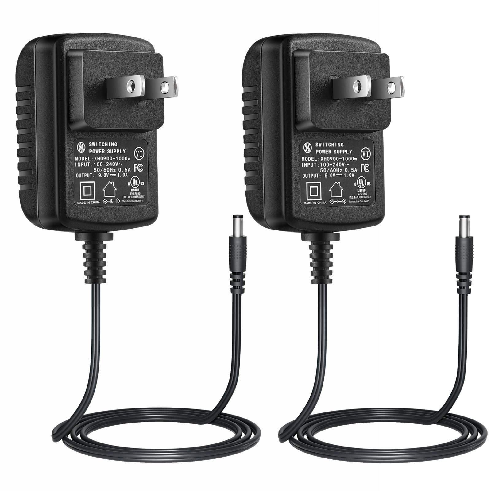 Security-01 9V 1A Power Supply Adapter, DC Jack Center Positive, Plug 5.5mm x 2.1mm,for Arduino UNO, Nixie Tube Clock, Schwinn Elliptical Machine and More,6.8FT Cord, UL Listed (Pack of 2)