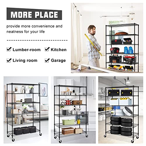 Dlewmsyic 6 Tier Storage Shelves, 5999 Lbs Capacity Metal Shelf with Wheels Height Adjustable NSF Certification 48" L×18" W×72" H Heavy Duty Wire Shelving Units for Garage Pantry Kitchen Rack, Black