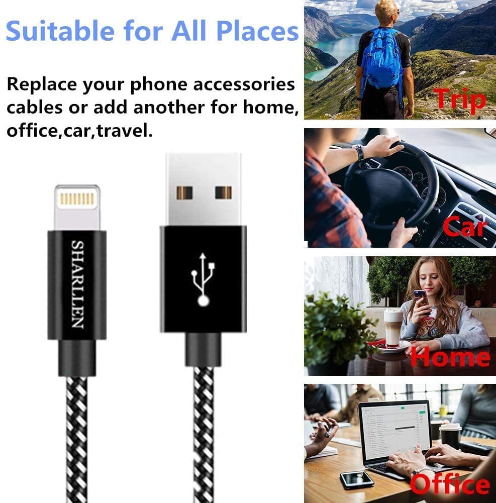iPhone Charger Cable 3Pack 3FT MFi Certified Sharllen Nylon Braided iPhone Charging Cord Fast USB Charging Cell-Phone Lightning Wire Compatible iPhone 11/XS/Max/XR/X/8P/8/7/7P/6/iPad/iPod(Black-3FT)