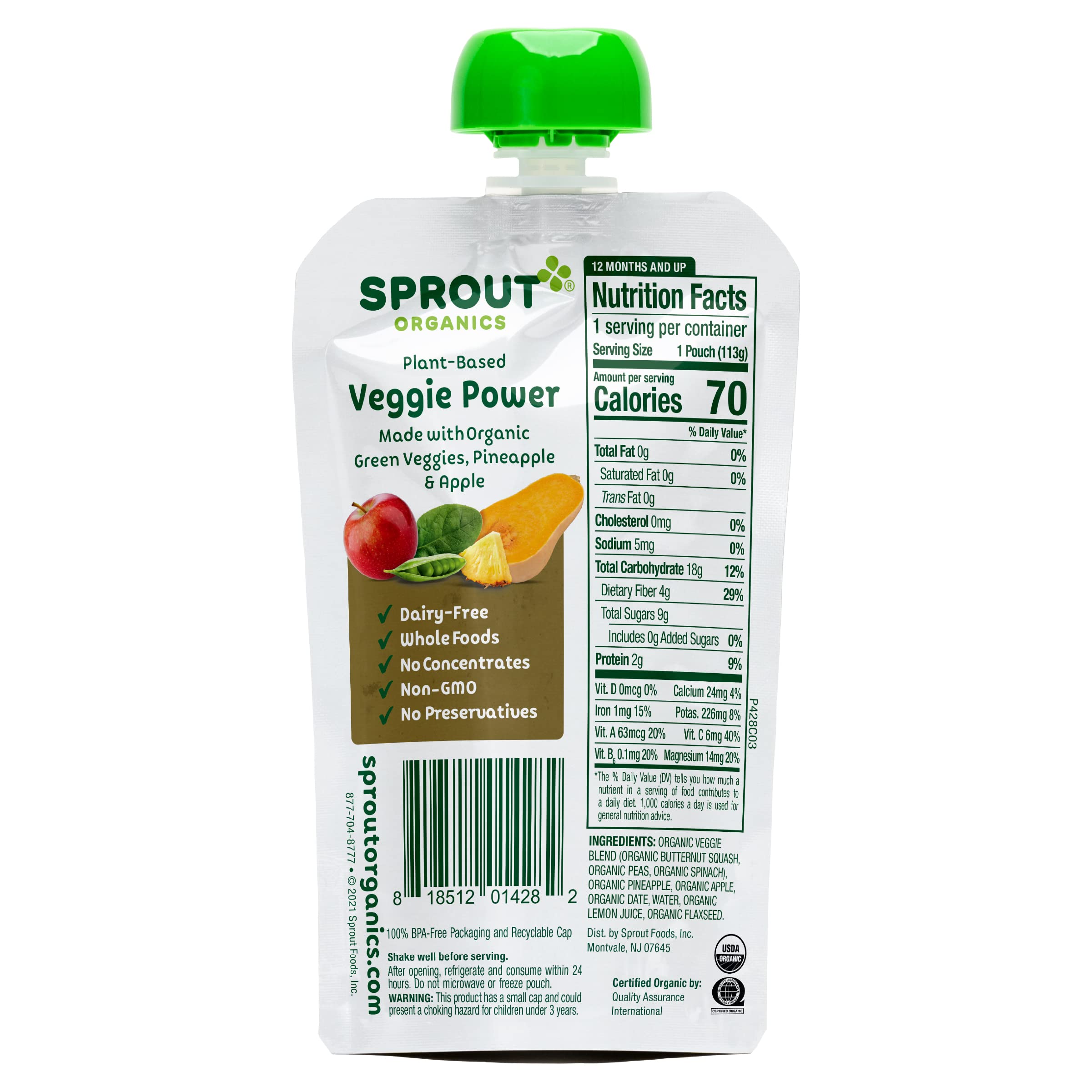 Sprout Organic Baby Food, Stage 4 Toddler Pouches, Green Veggie Power Pack, 4 Oz, Pack of 12