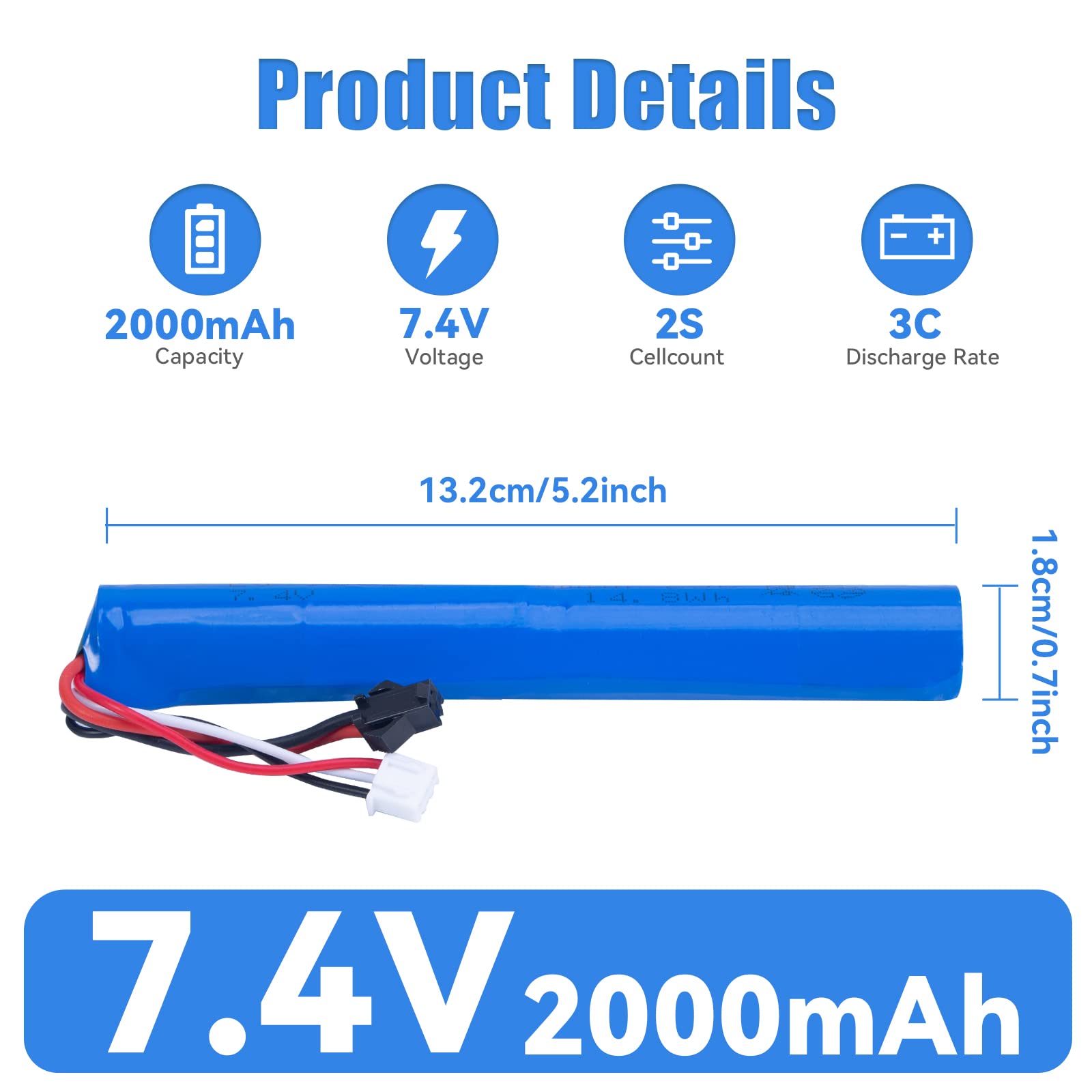 OooSure 2 pcs 7.4V Batteries 2000mAh for SRB1200 SRB400 SRB400-SUB MP5K M4 M110 for Hobby Remote App Controlled Vehicle Water Bead Blaster Airsoft Gun with 2S USB Charger and Mini Tamiya Switch Cable