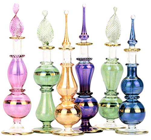 NileCart Egyptian Perfume Bottles Set Of 6 Size 4” mouth-blown with handmade golden Egyptian decoration for Perfumes & Essential Oils.