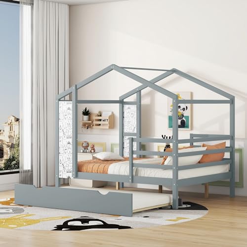 Full Size House Bed with Trundle, Full Bed with Trundle Wood Full Bed Frame with Fence, Writing Board, Montessori Bed Frame with Trundle Bed Full kids Bed Frame for Kids, No Box Spring Need, Grey