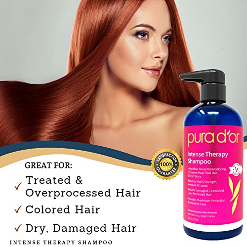 PURA D'OR Intense Therapy Shampoo (16oz) Repairs Damaged, Distressed, Over-Processed Hair, Infused with Select Natural Ingredients, Sulfate Free, All Hair Types, Men and Women