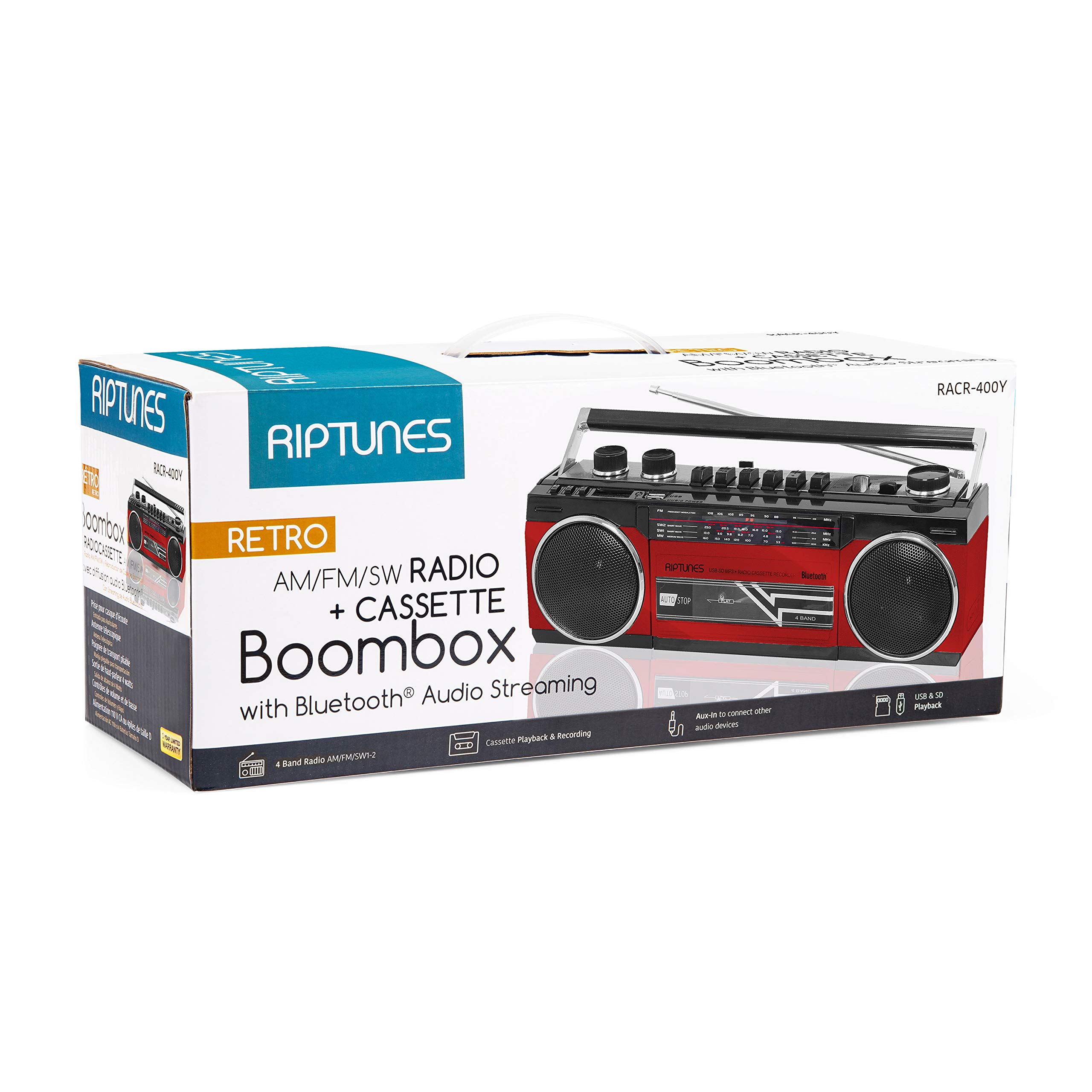 Riptunes Cassette Boombox, Retro Blueooth Boombox, Cassette Player and Recorder, AM/FM/SW-1-SW2 Radio-4-Band Radio, USB, and SD, RED