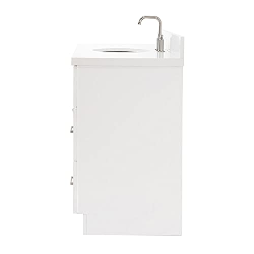 ARIEL 49" White Bathroom Vanity with 1.5" Edge Pure White Quartz Countertop & Splash, Rectangular Sink, 2 Soft Closing Doors, 4 Full Extension Dovetail Drawers, Built in Toe Kick, Brushed Nickel