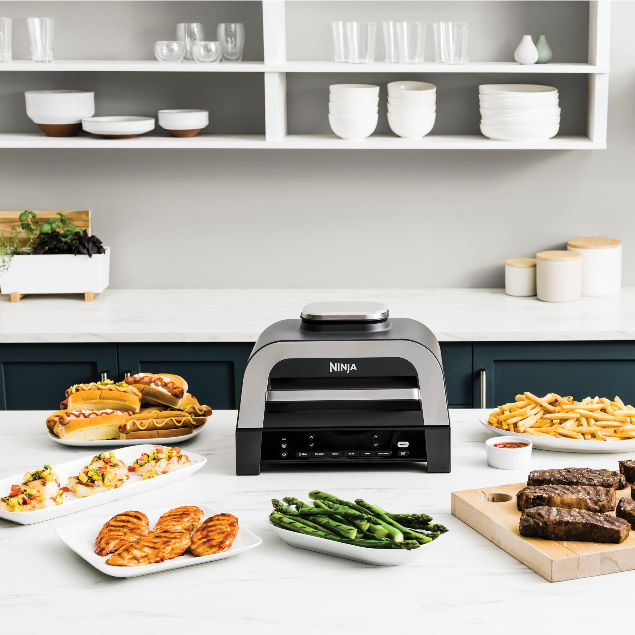 Ninja DG551 Foodi Smart XL 6-in-1 Indoor Grill with Air Fry, Roast, Bake, Broil, & Dehydrate, Foodi Smart Thermometer, 2nd Generation, Black/Silver (Renewed)