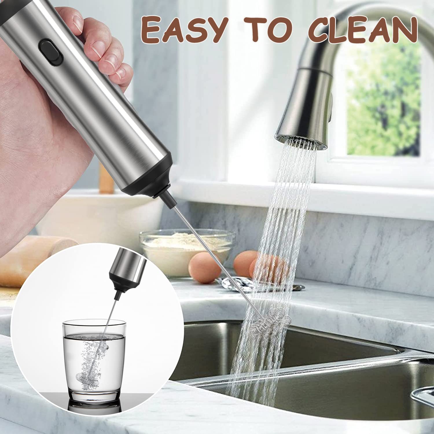 Electric Milk Frother, Handheld with Stainless Steel Stand USB-charging Foam Maker, DOUBLE WHISK Mini Blender and Electric Mixer Coffee Frother for Frappe, Latte, Matcha(USB-charging)