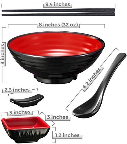 Unbreakable Ramen Bowl Set with Chopsticks and Spoon: 2 large Japanese Style Melamine Ramen Bowls, Dipping Bowls and Chopstick Stands for Asian Pho Soup Thai Miso Udon Wonton (2 Bowl Set, Red-Black)