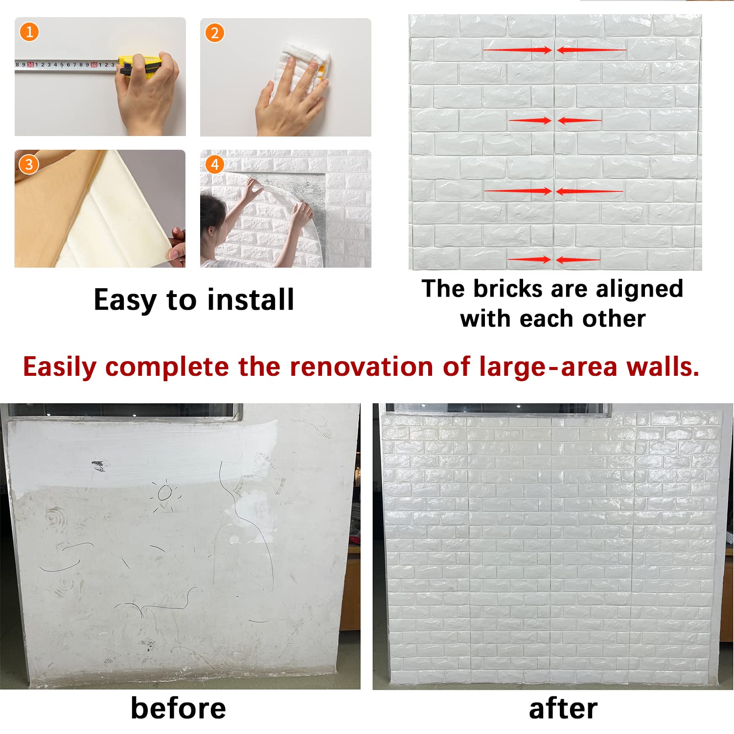 YU LI 3DH 3D Wall Panels Peel and Stick 11PCS White Foam Brick Wallpaper for Bedroom Faux Stone Wall Panel Self-Adhesive Wallpaper (11PCS-10.65 Sq Ft, White)