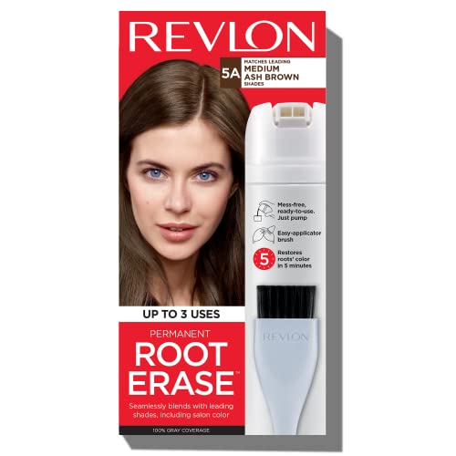 Revlon Permanent Hair Color, Permanent Hair Dye, At-Home Root Erase with Applicator Brush for Multiple Use, 100% Gray Coverage, Medium Ash Brown (5A), 3.2 Fl Oz