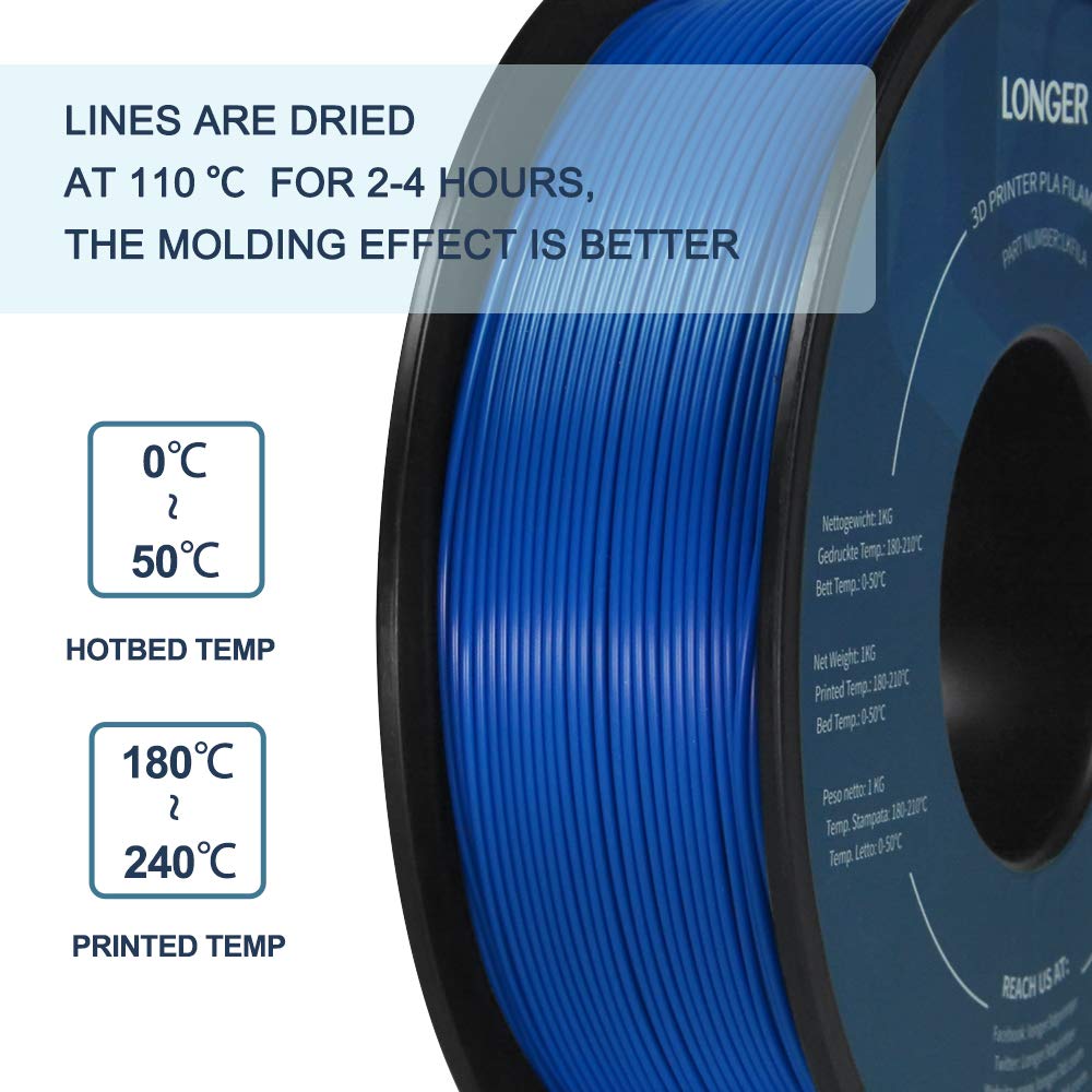 LONGER PLA 3D Printer Filament 1.75mm, Dimensional Accuracy +/- 0.02 mm, No Tangle, Environmental Friendly, Widely Compatibility (Grey, 1KG)