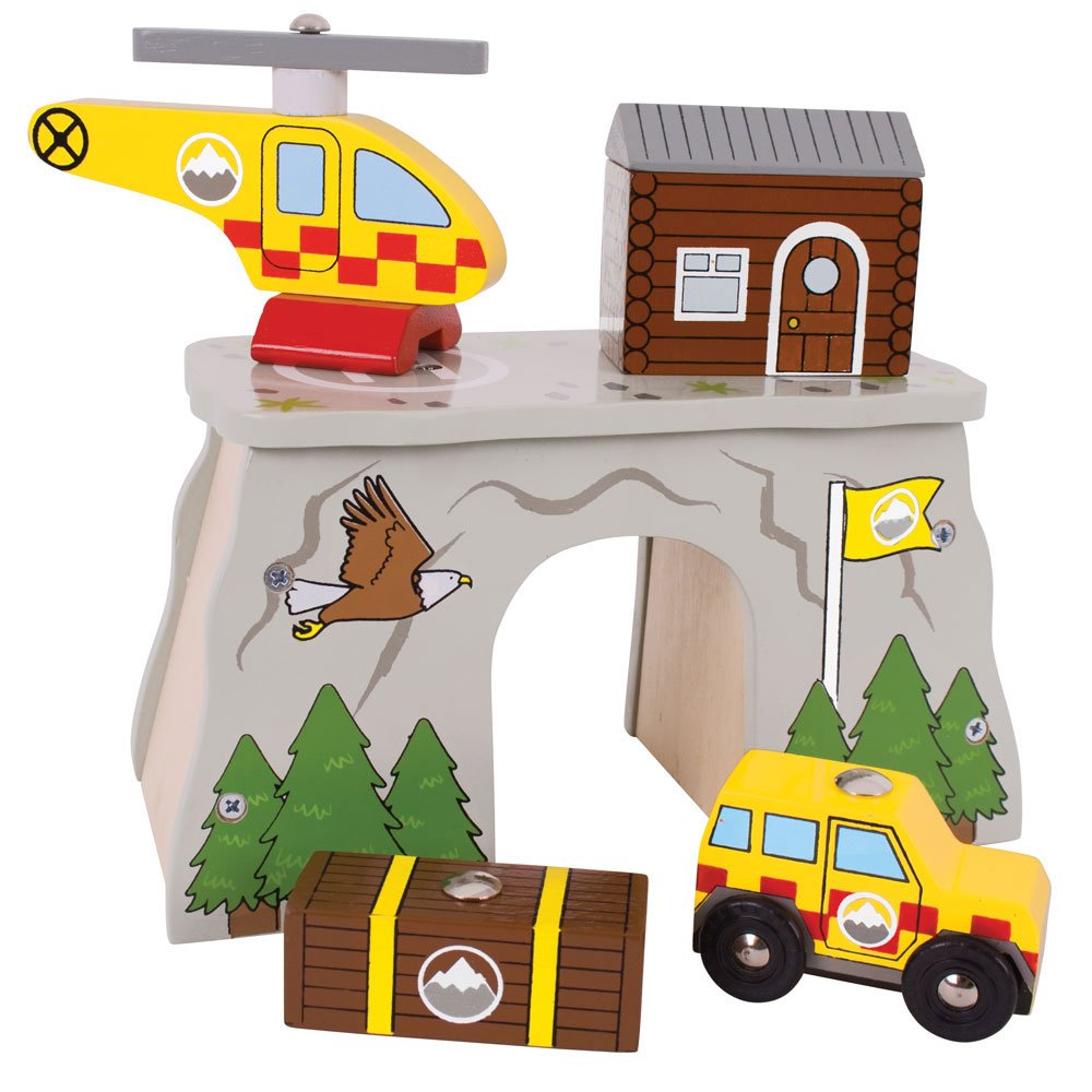 Bigjigs Rail Mountain Rescue Playset with Helicopter, Car, Log Cabin & Crate