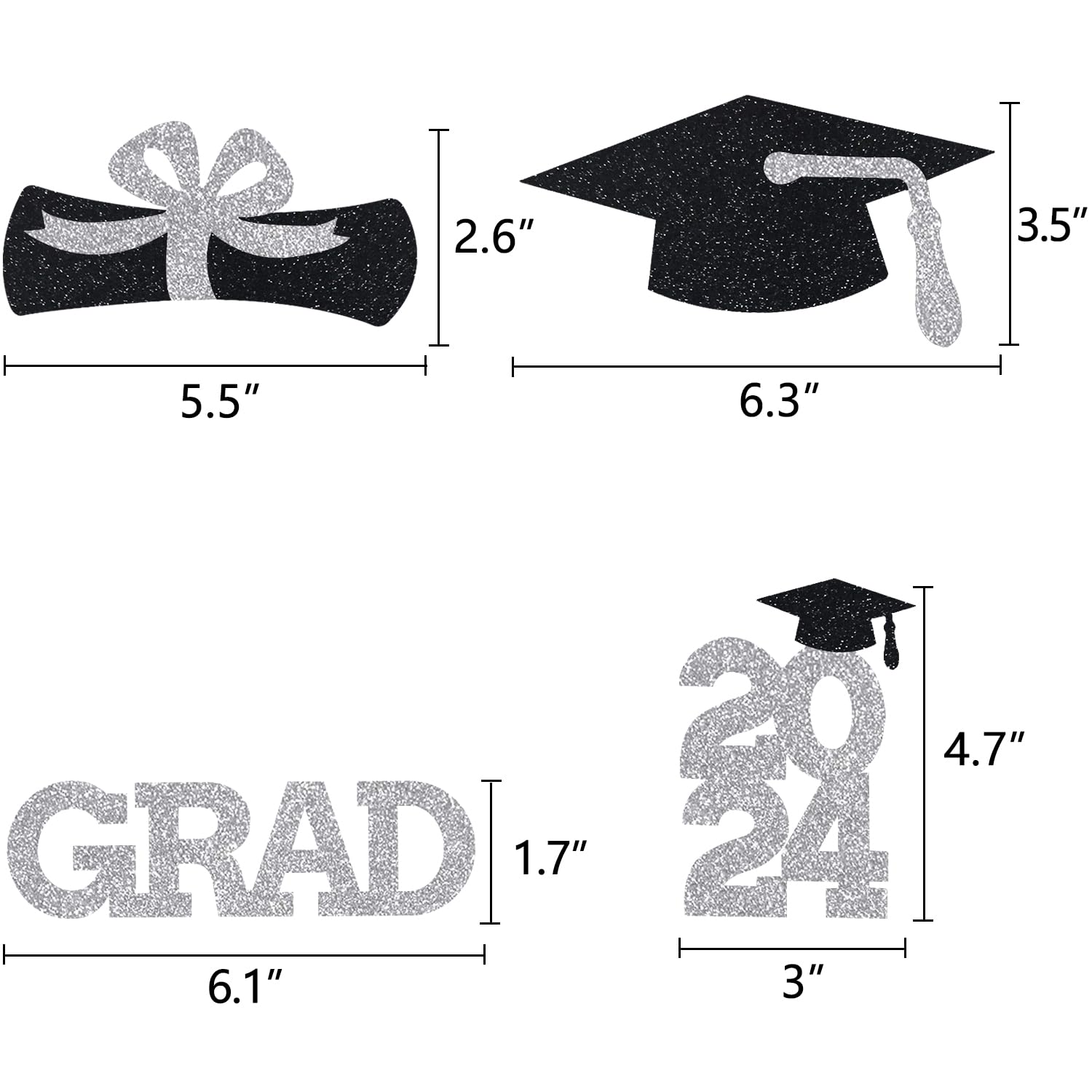 Silver Grad Centerpiece Sticks Class of Party Decor Black Cap Toppers Graduation Arrangement Supplies 16 Pieces