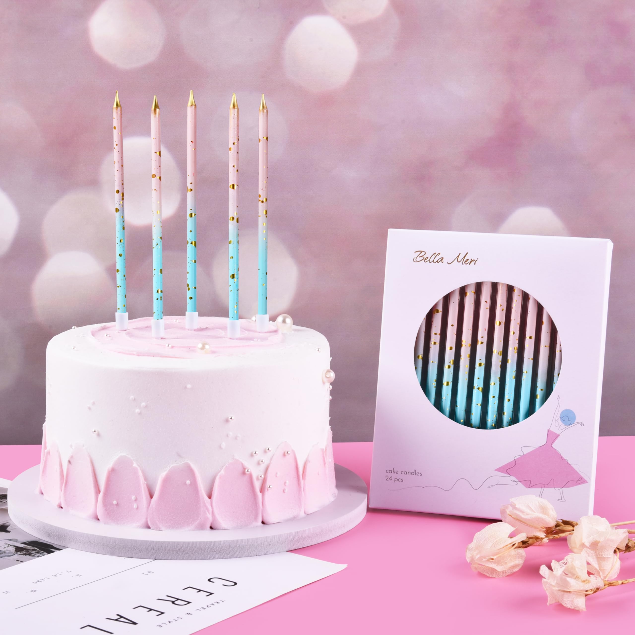 Bella Meri Pink Blue Gold Long Thin Birthday Candles, Cake Candles, Birthday Parties, Wedding Decorations, Party Candles
