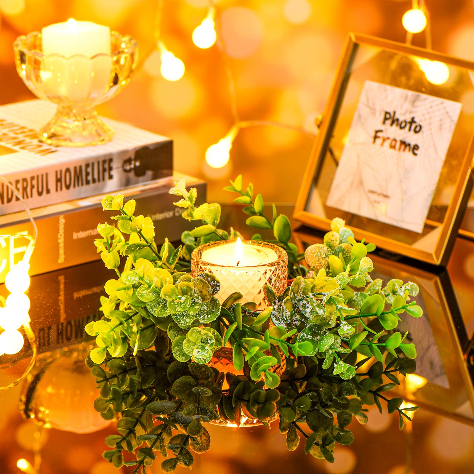Jexine 8 Pieces Christmas Candle Rings Mini Candle Wreaths Center Candle Ring Artificial Wreath for Christmas Window Table Pillars Farmhouse Decoration Wedding Party Table Home Decor(Eucalyptus)