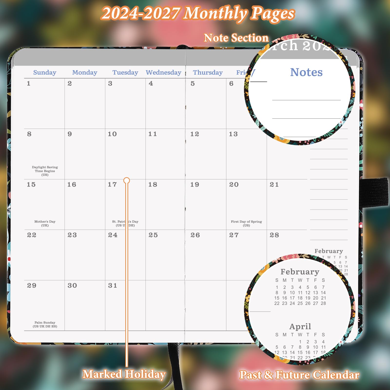 2024-2026 Pocket Calendar - Monthly Pocket Planner with Pen Hold, January 2024 - December 2026, 6.6" x 3.7", Inner Pocket and 63 Notes Pages - Mint Flower