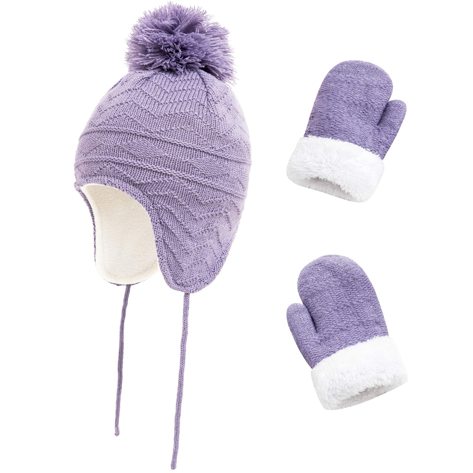 Toddler Winter Hat with Mittens Set - Baby Kids Warm Fleece Knit Beanie Hat & Thick Gloves Skiing Cap for Girls(Purple, S/1-3 Years)