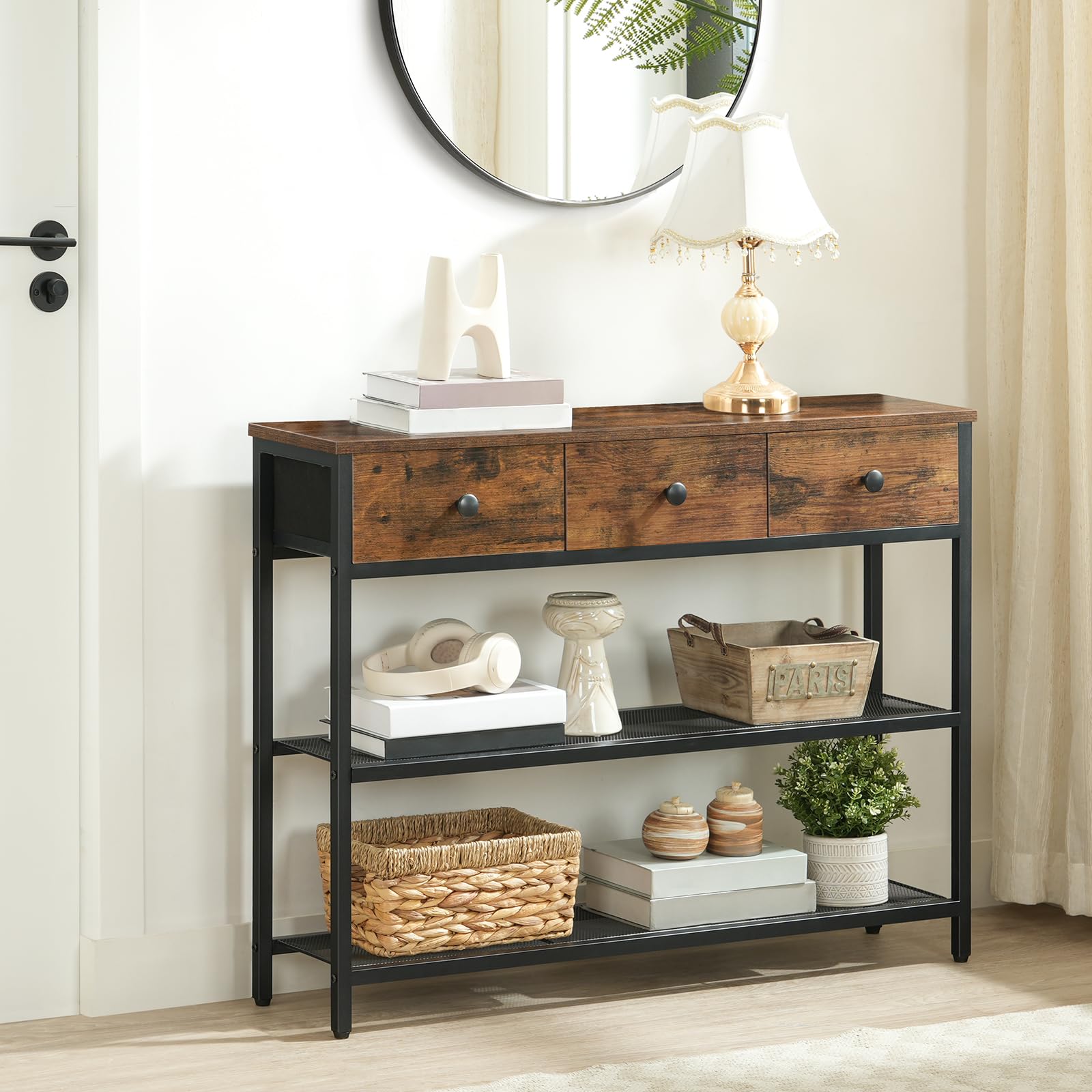 HOOBRO 39.4" Narrow Console Table with 3 Fabric Drawers, Small Entryway Table with 3-Tier Storage Shelves, Thin Sofa Table, Side Table, for Living Room, Hallway, Rustic Brown and Black BF82XG01