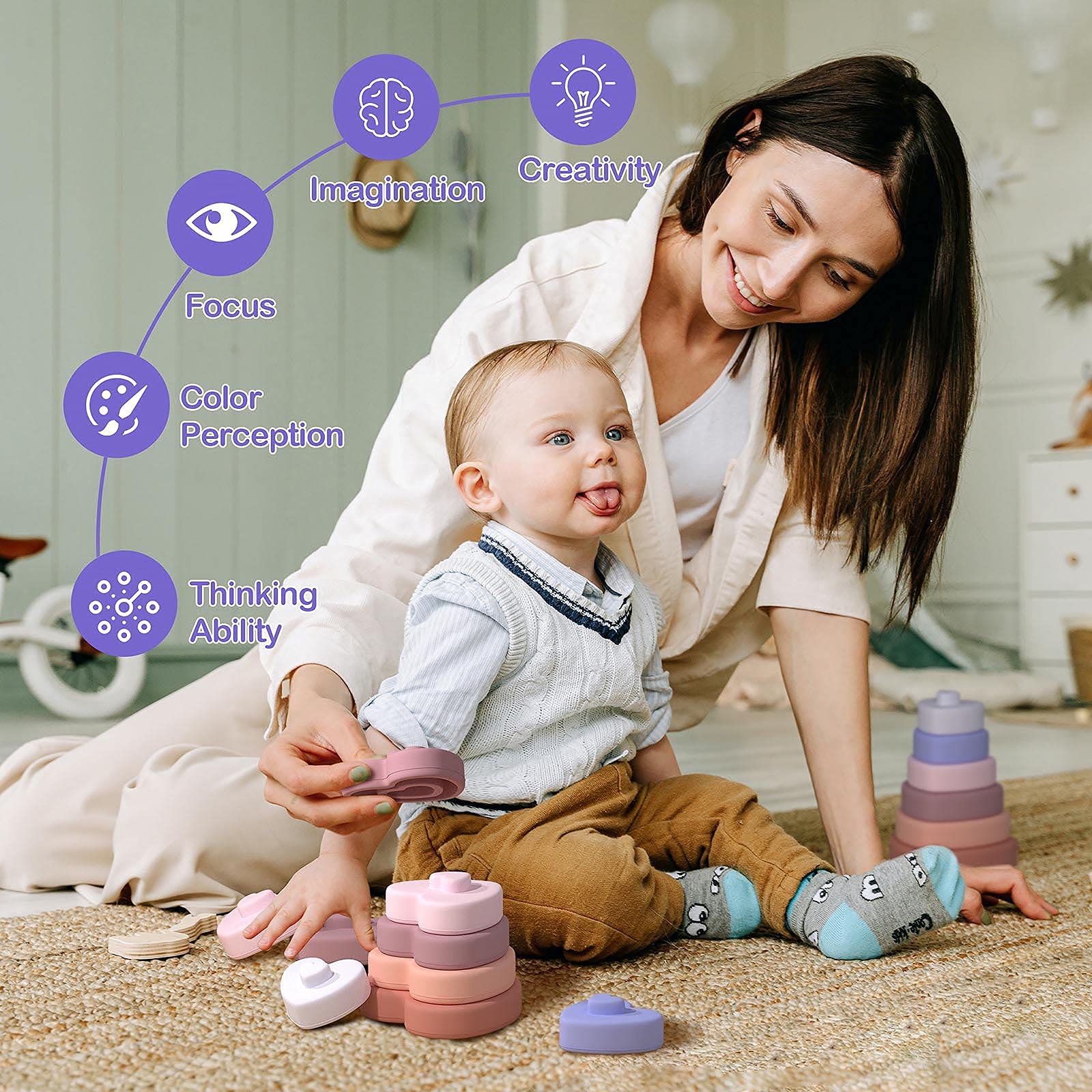 Baby Silicone Stacking & Nesting Toys, Christmas 6 pcs Heart Building Stacker Blocks Tower, Soft Chew Natural Teether Montessori Toys, 6+ Months Toddler Boys & Girls Early Education Learning