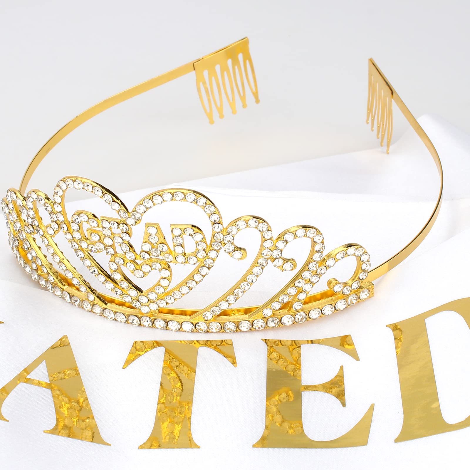 CAVETEE Gold Graduate Crown and Sash Congratulations Graduate 2024 Grad Party Decorations 2024 Graduate Crowns for Women Grad Tiara and I Graduated Sash for Women Grad Cap Decorations Grad Cap Topper