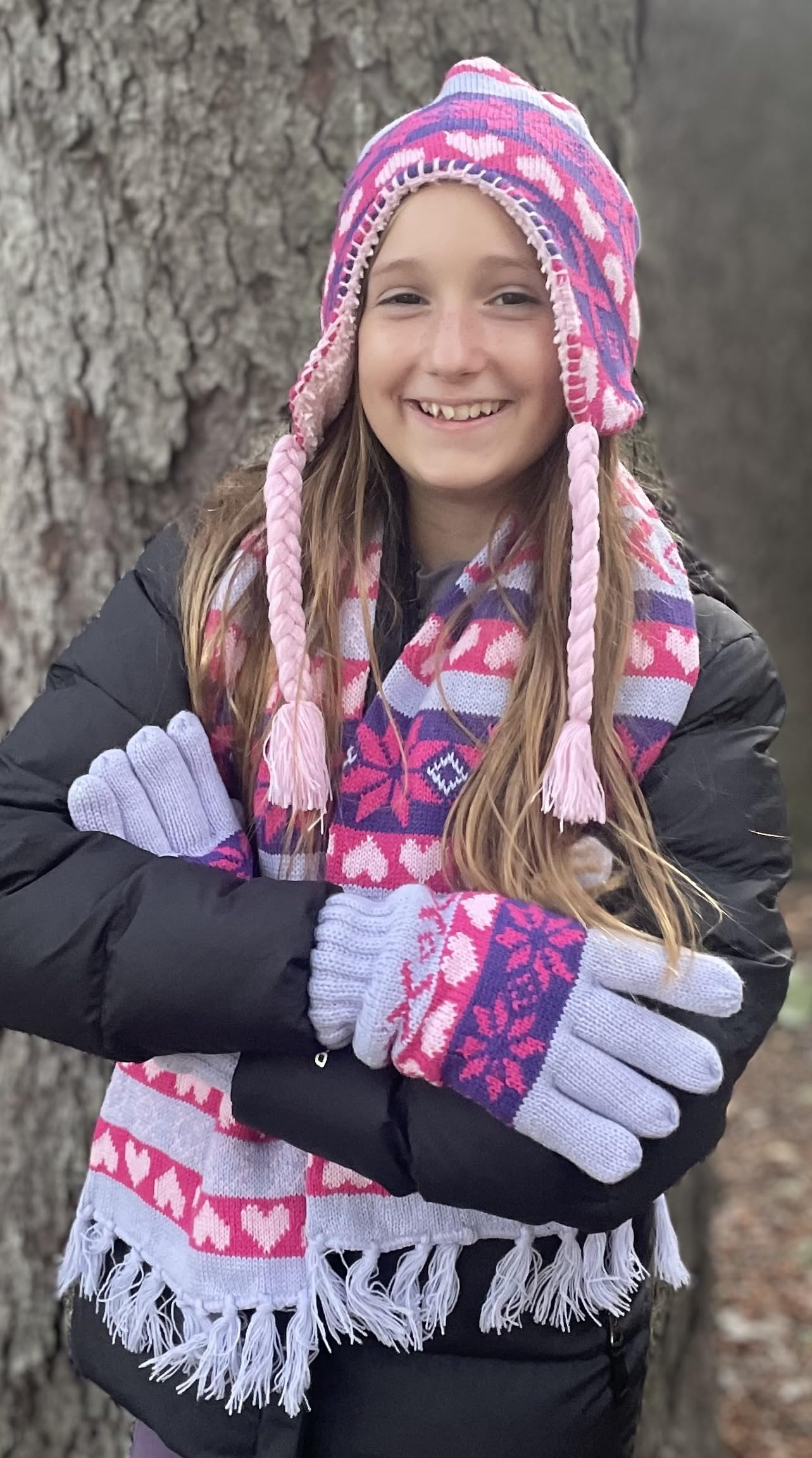 N'Ice Caps Kids Hat Glove Scarf Girls Winter Knit Accessory Set Warm Sherpa Lined 3 Piece (Black Kitten, 4-7 Years)