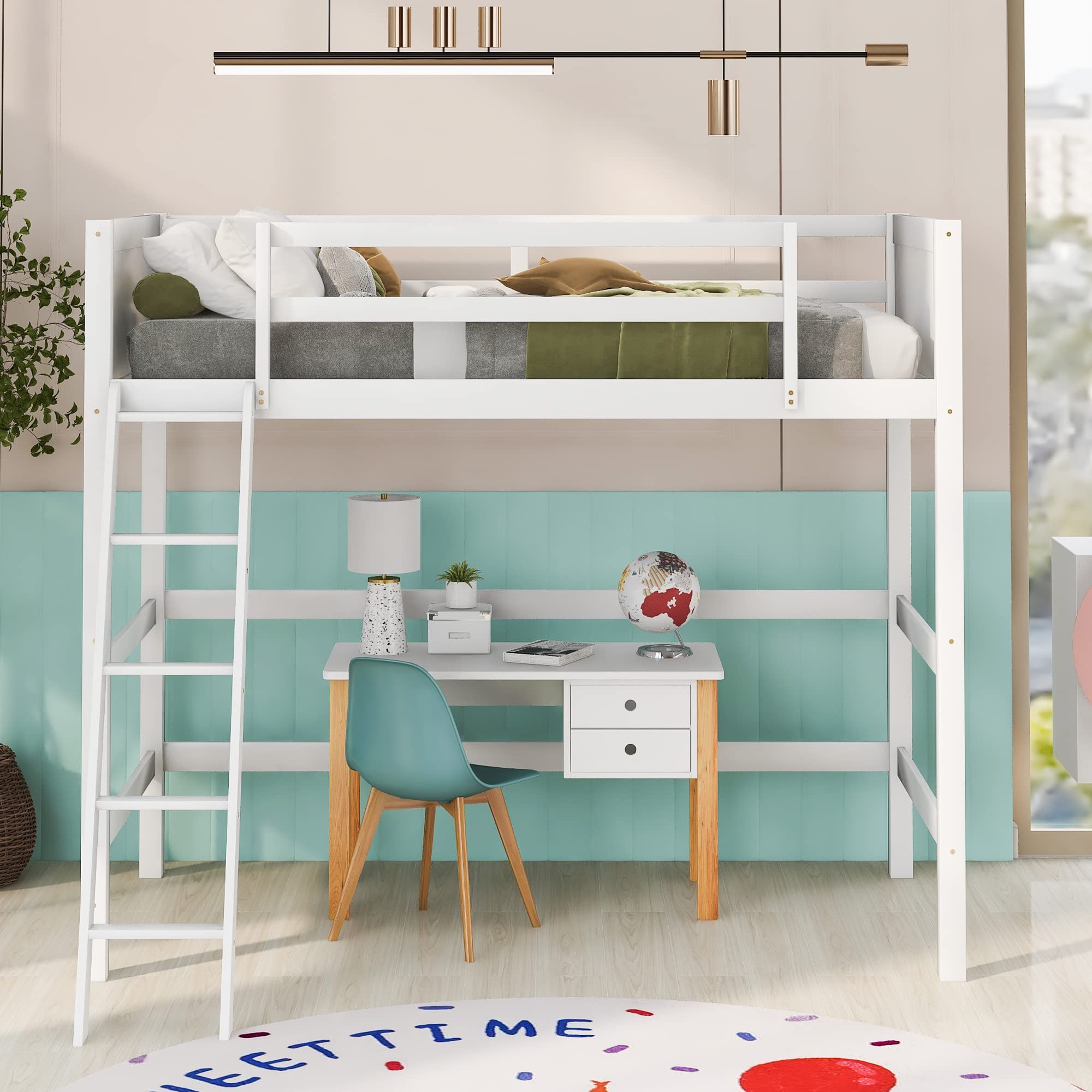 Harper & Bright Designs Twin Size Loft Bed with Inclined Ladder, Solid Wood Loft Bed Twin Frame with Full Length Guardrails for Kids Adults Boys Girls Teens, No Box Spring Needed (White)